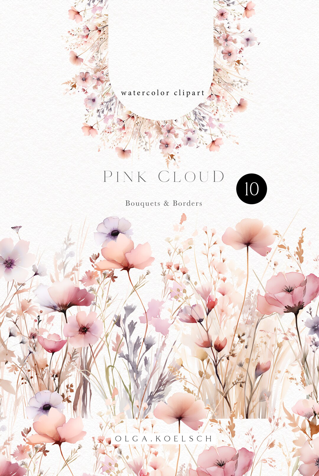 Watercolor Floral Border Clipart, Pastel Pink Wildflowers Bouquets Png ...