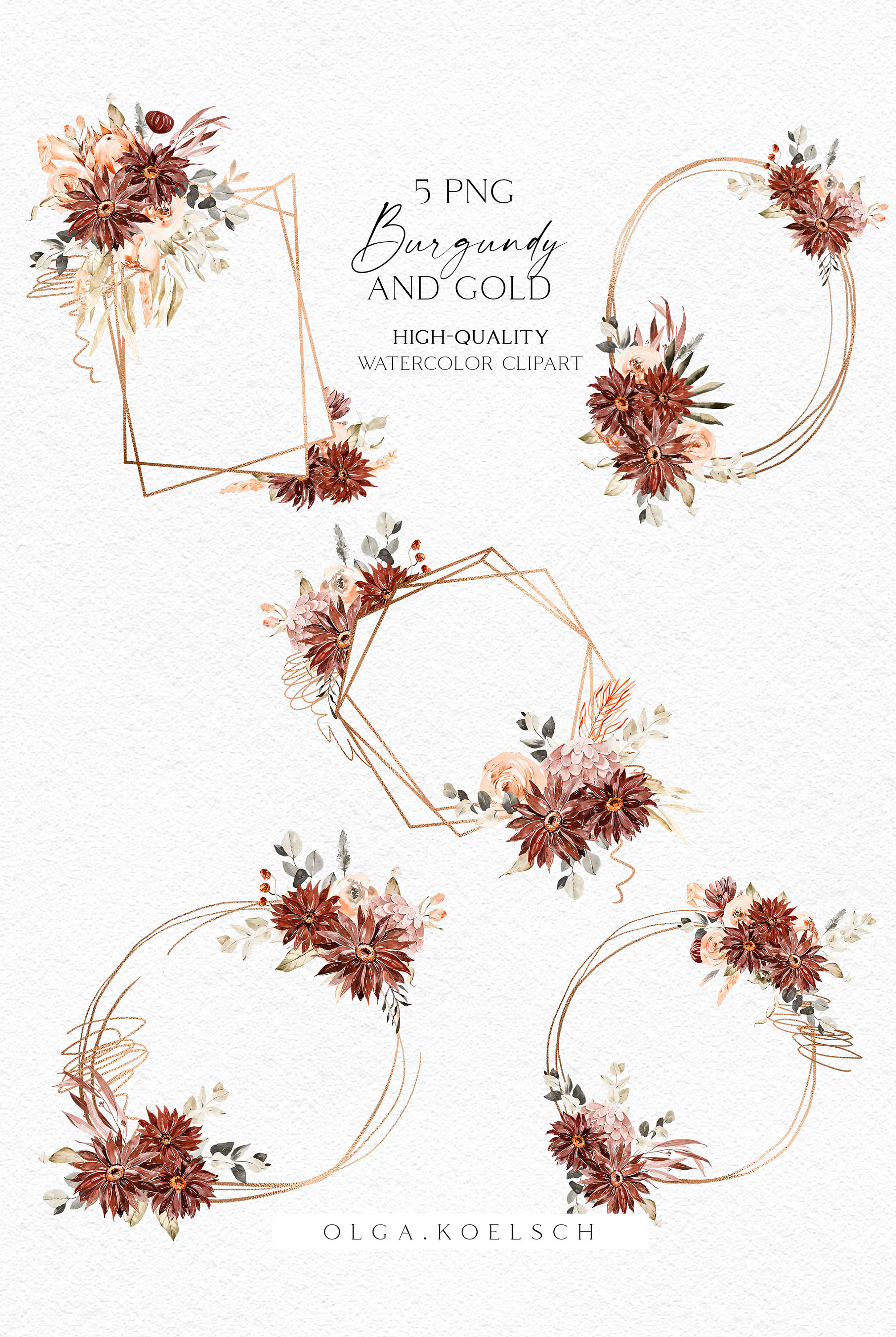 Boho Burgundy Floral Frame Clipart Gold Flower Frame Png - Etsy