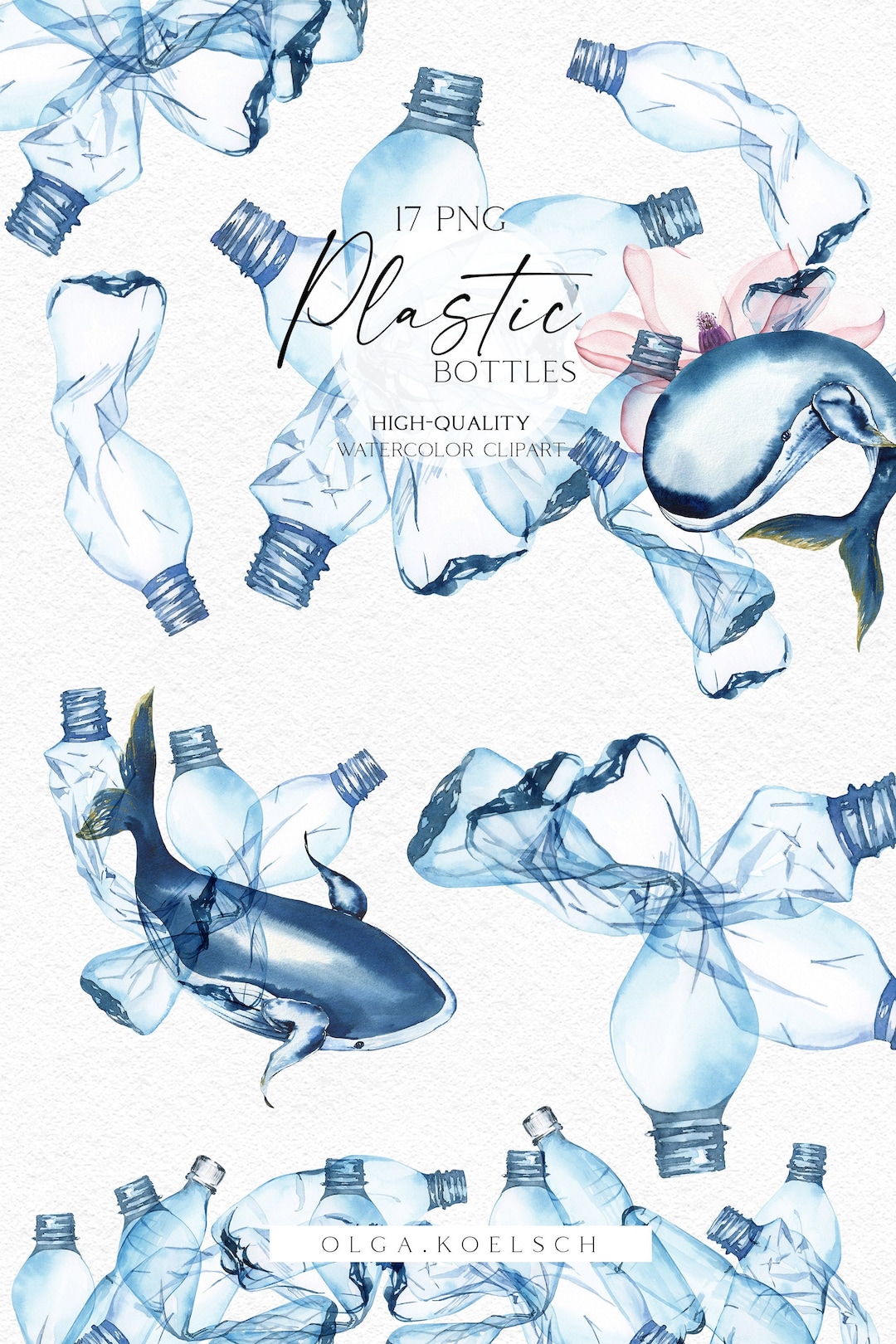 Watercolor Ecology Clipart, Plastic Bottles Clipart for Earth Day ...