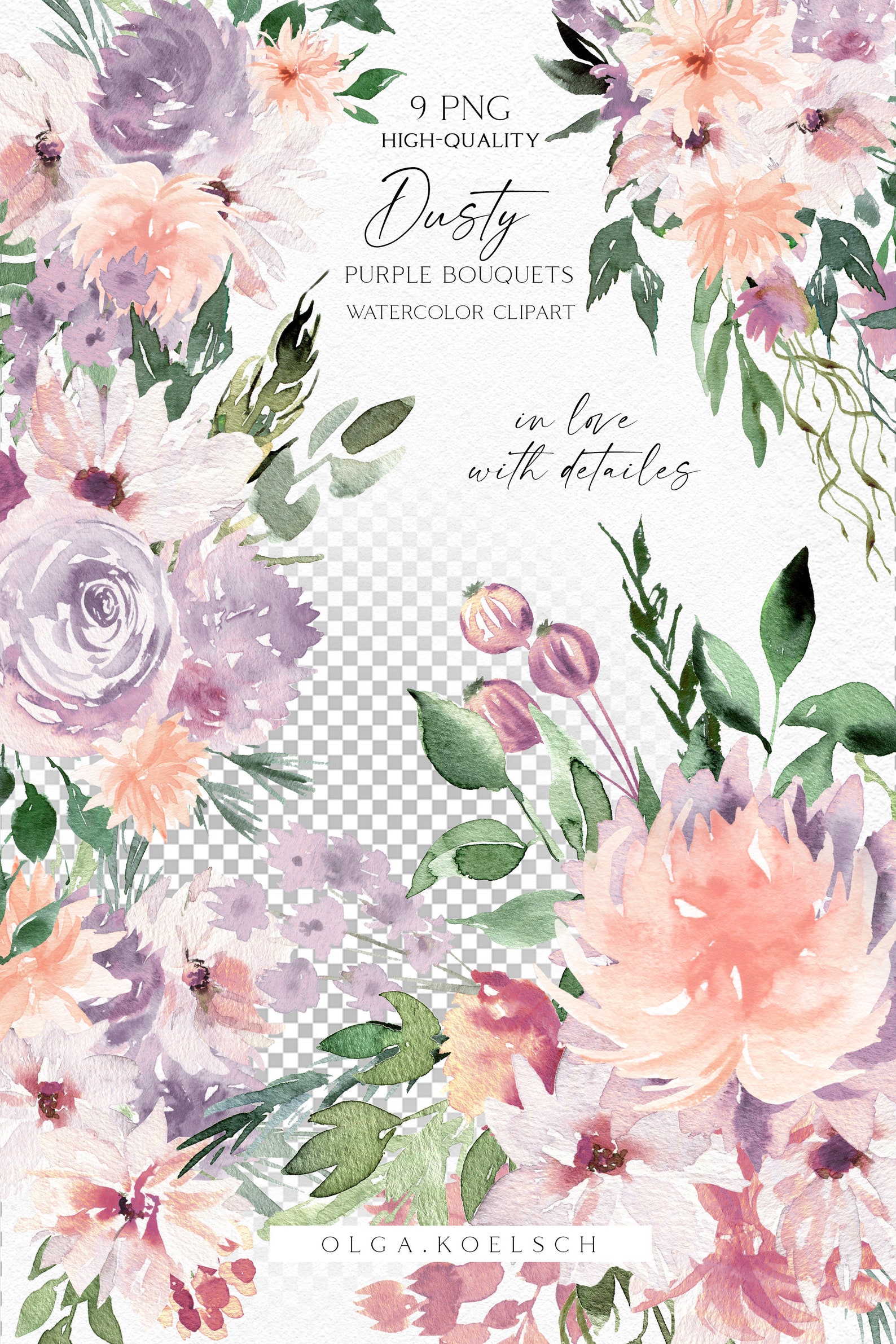 Dusty Purple Boho Bouquets Clipart Watercolor Peach and | Etsy