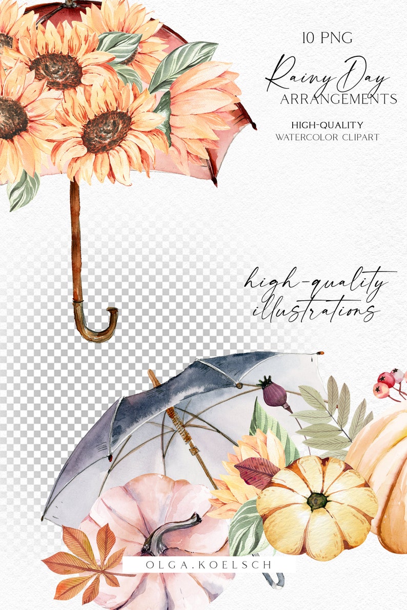 Watercolor Fall Umbrella Clipart Pumpkin Farmhouse Garden - Etsy