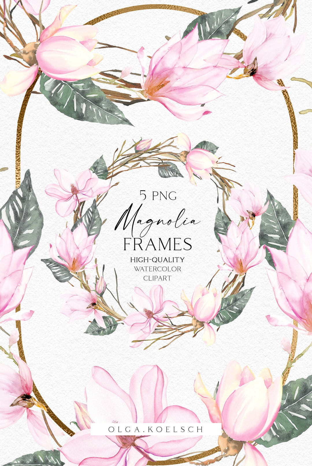 Watercolor Magnolia Frames Clipart, Pink Floral Borders Png, Gold ...