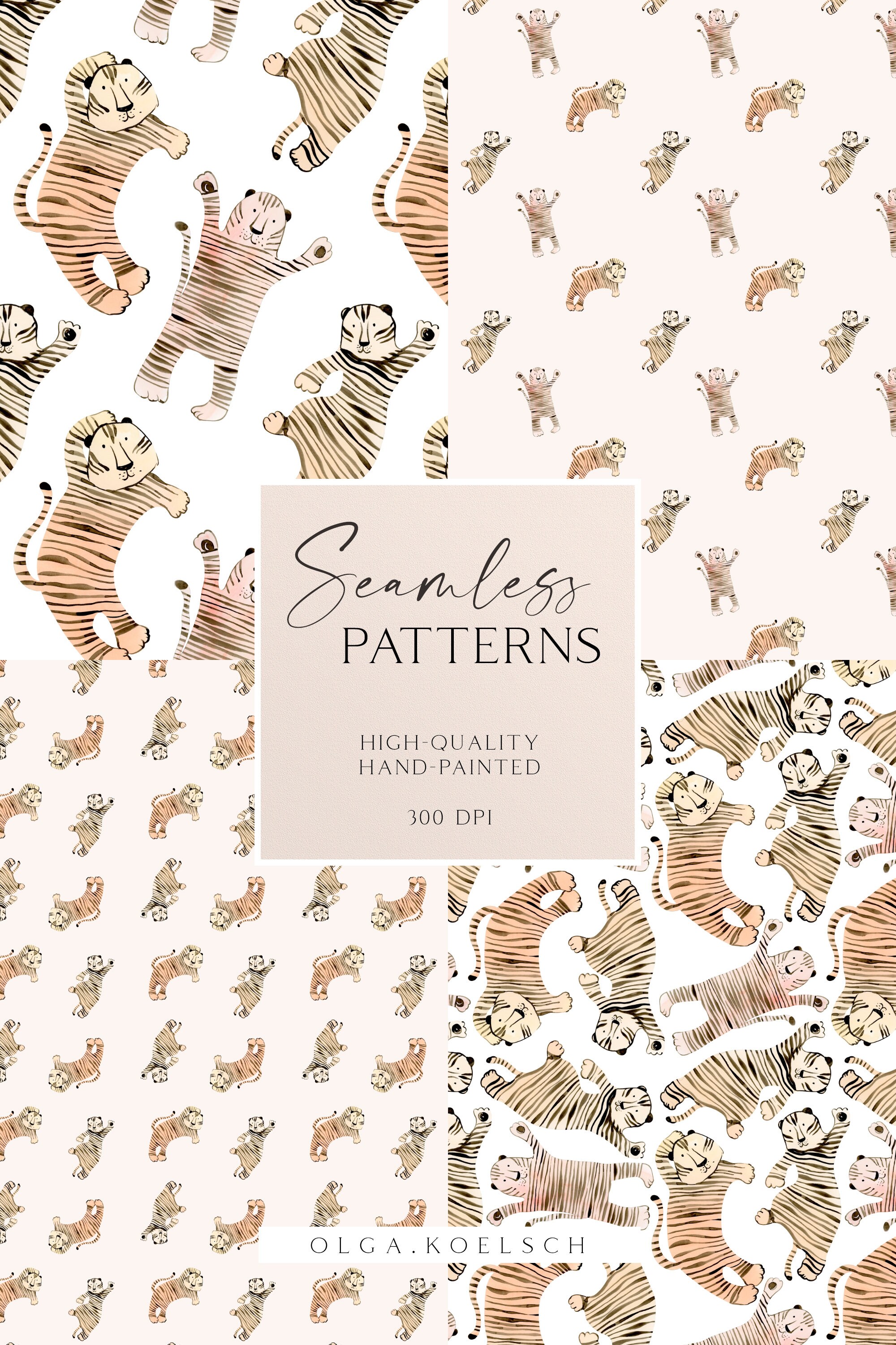Boho Tiger Digital Paper. Watercolor Tigers Seamless Pattern for Fabric ...