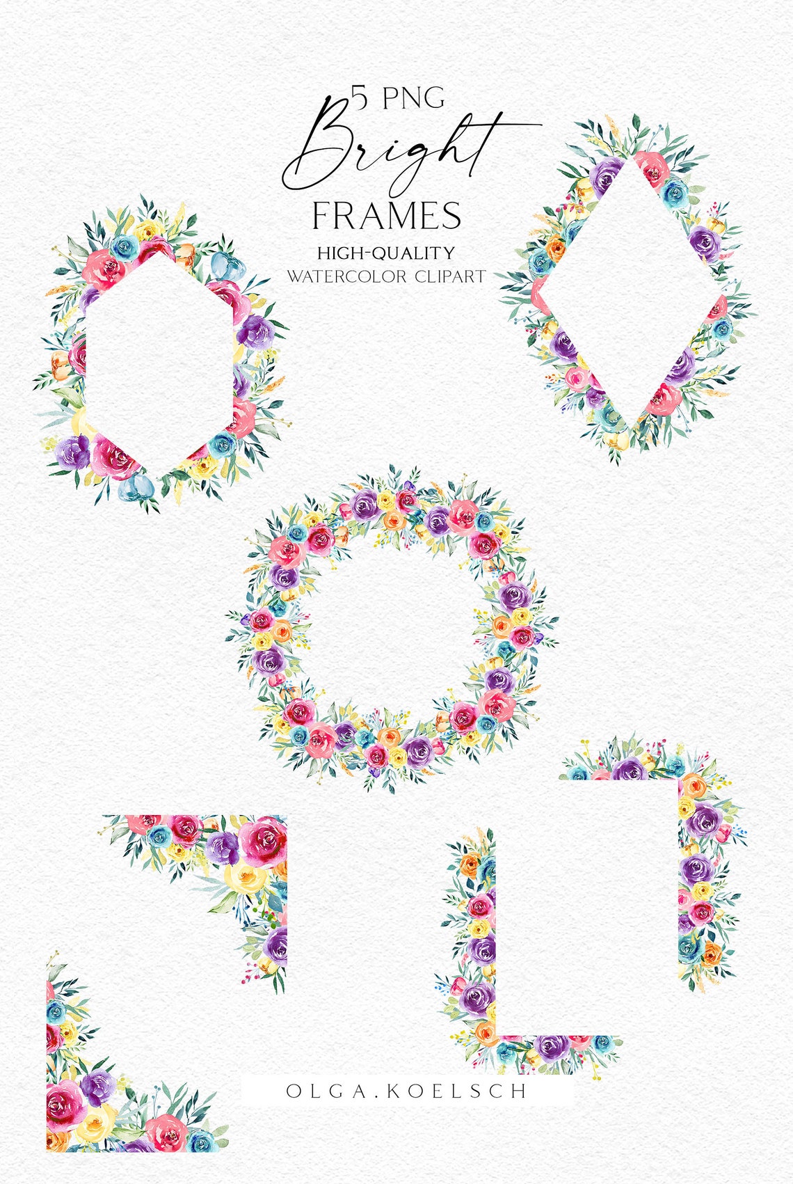 Bright Roses Frame Clipart Watercolor Summer Floral Borders - Etsy