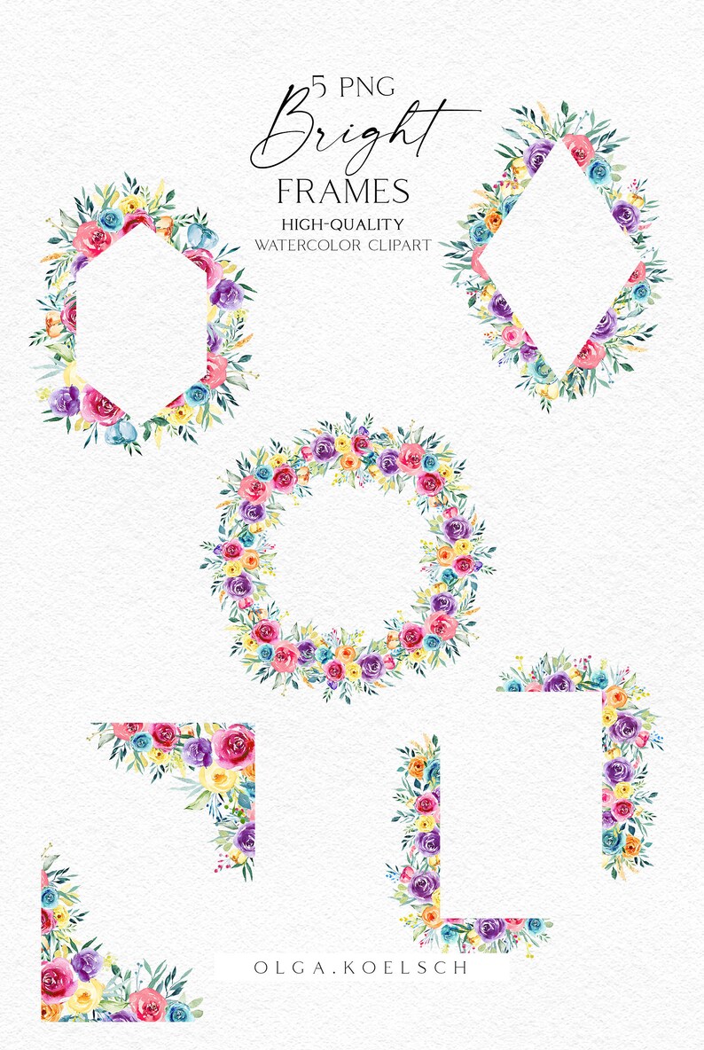 Bright Roses Frame Clipart Watercolor Summer Floral Borders - Etsy