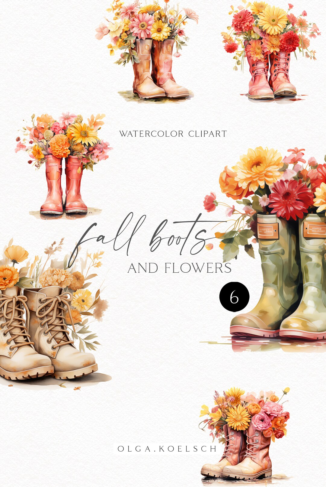 Watercolor Farmhouse Rain Boots Clipart, Fall Floral Boots Png for ...