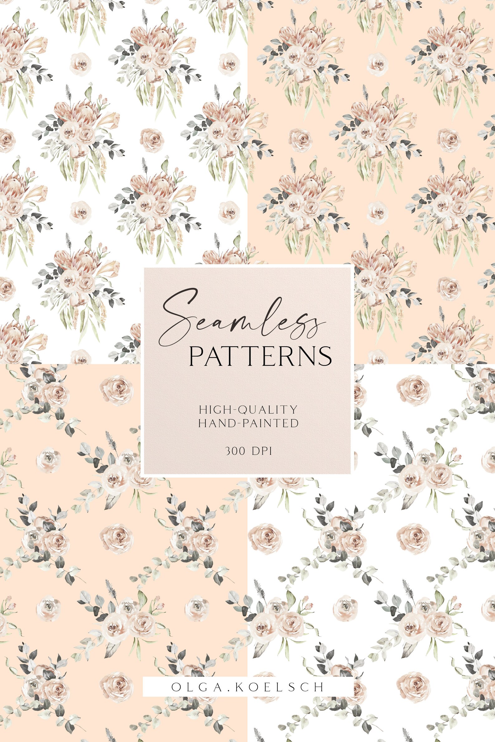 Boho Roses Seamless Pattern for Fabric, Watercolor Protea Digital Paper ...