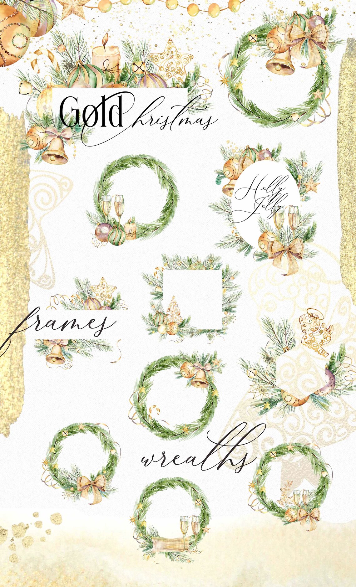 Watercolor Christmas Clip Art Golden Cristmas Wreath Png Champagne ...