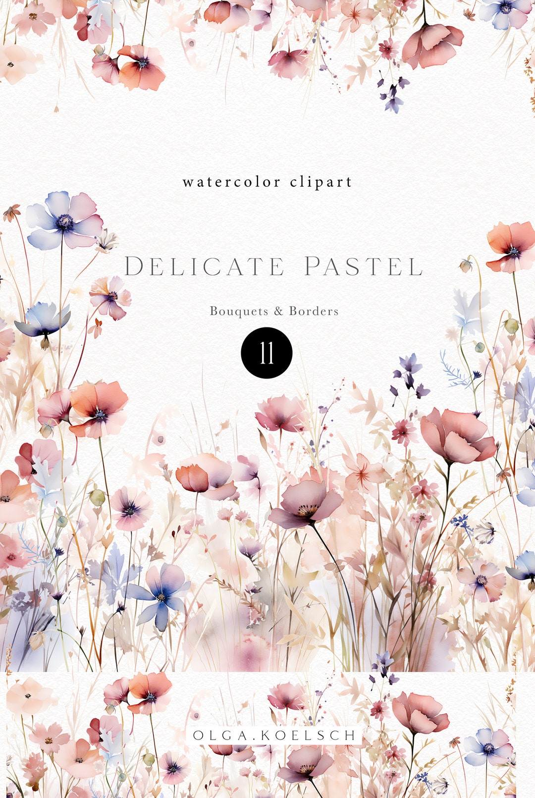 Watercolor Pink Floral Borders Clipart, Pastel Wildflowers Frames Png ...