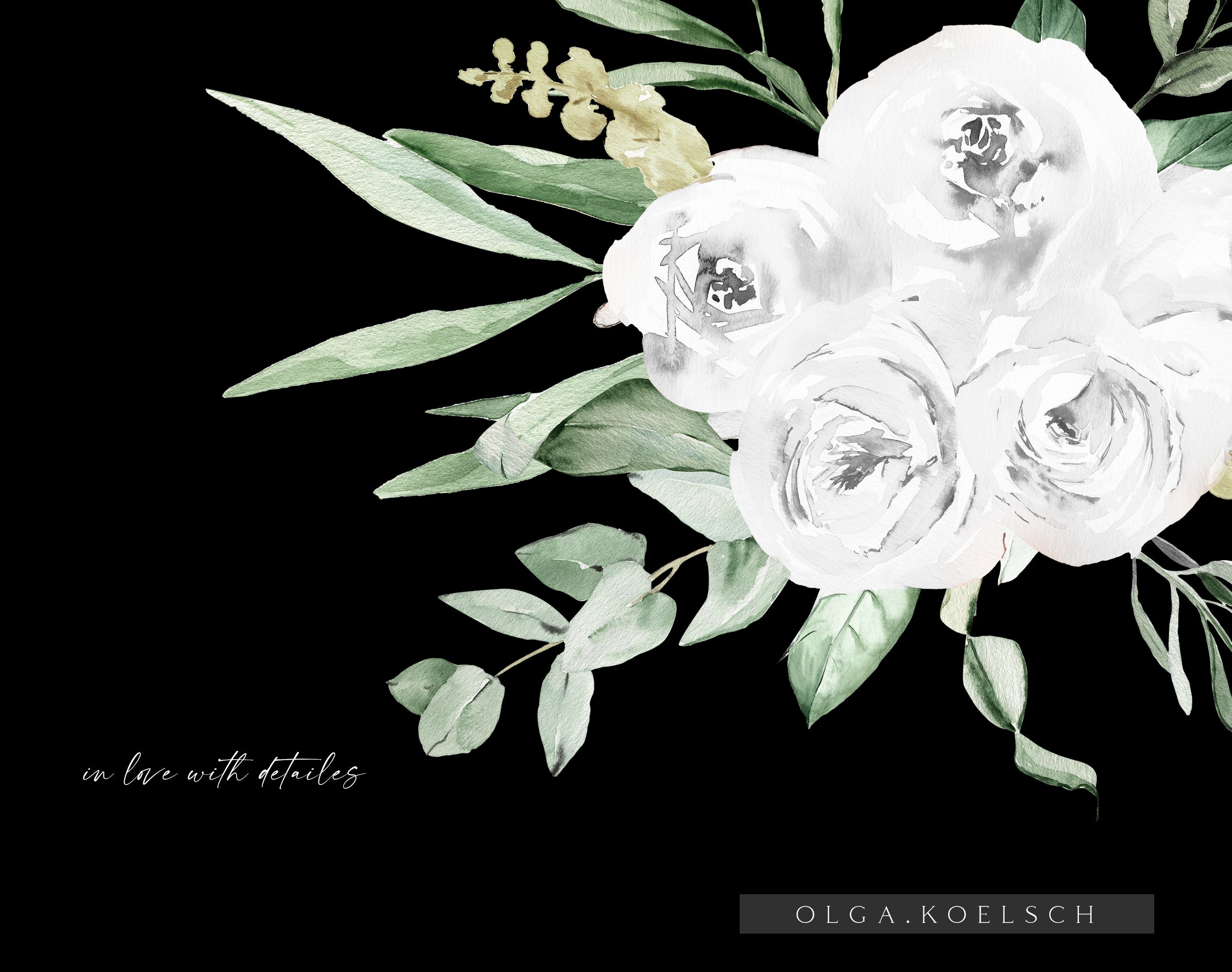 White Boho Roses Bouquets Clipart, Watercolor Floral Borders Png ...