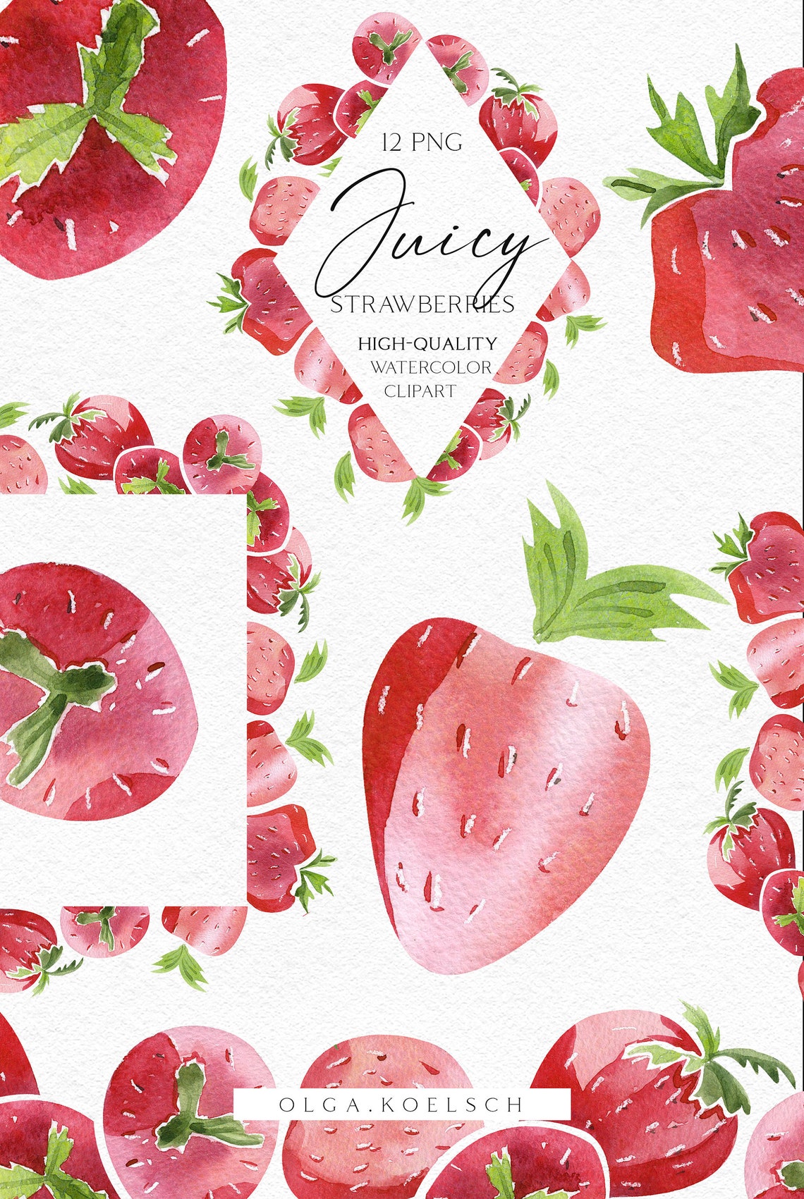 Watercolor Strawberry Clipart Juicy Fruits Summer Clipart - Etsy