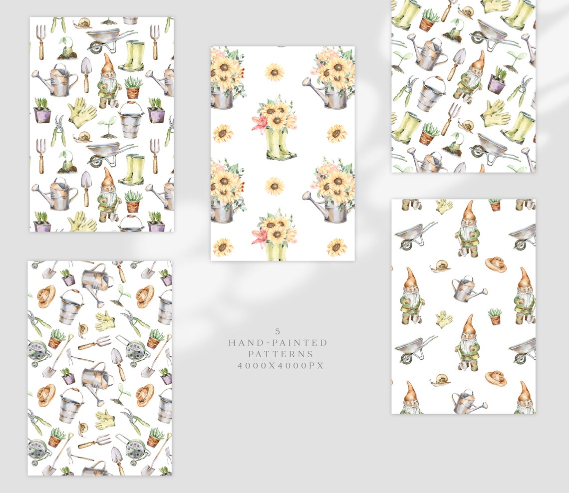 Watercolor garden digital paper Gardening seamless pattern | Etsy