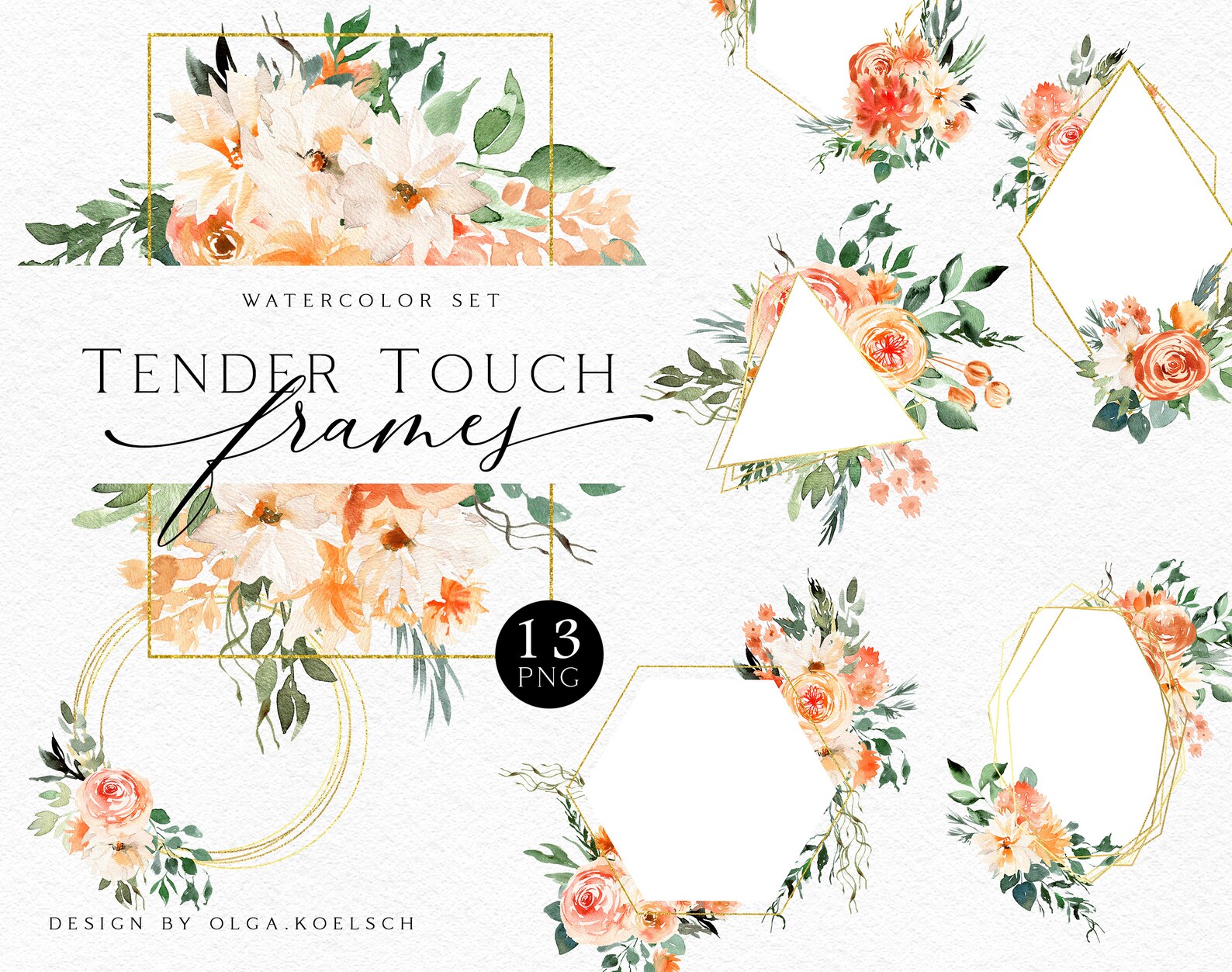 Gold Floral Frame Clipart, Rose Bouquets, Geometric Borders (PNG) - Etsy