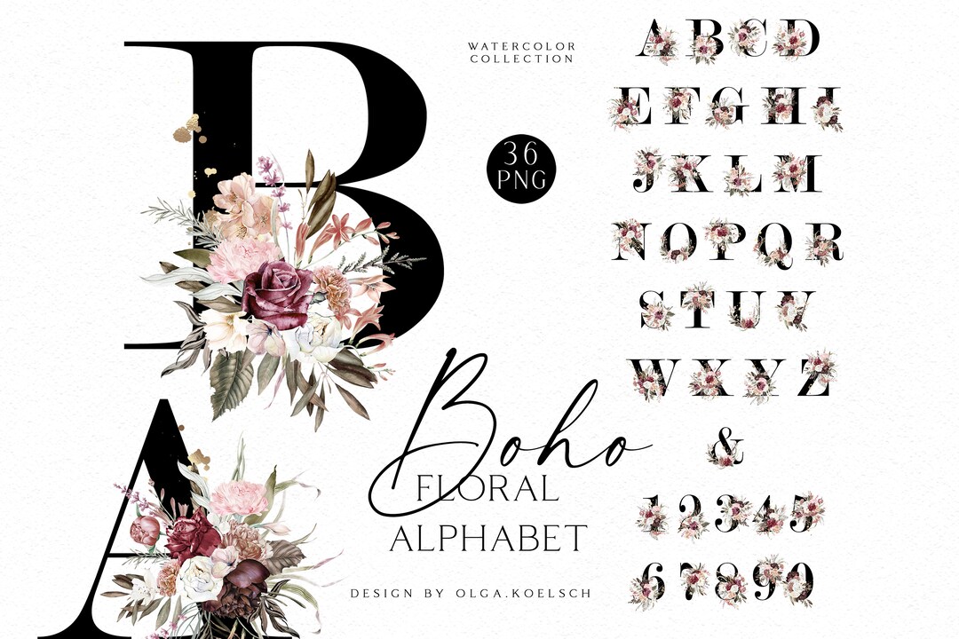 Boho Burgundy Wedding Alphabet Clipart, Watercolor Blush and Burgundy ...