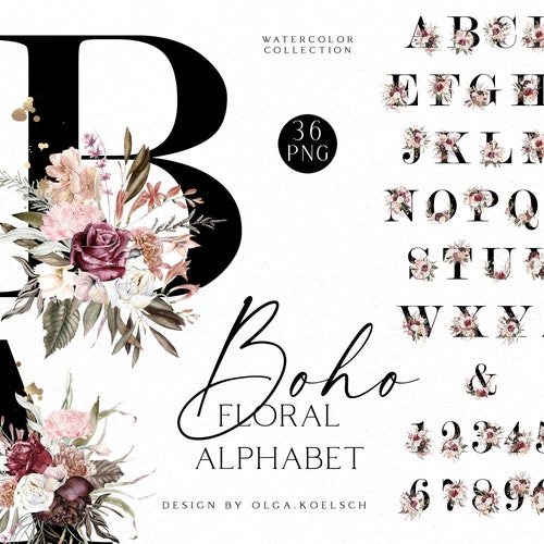 Boho Floral Wedding Alphabet Clipart Watercolor Pastel - Etsy
