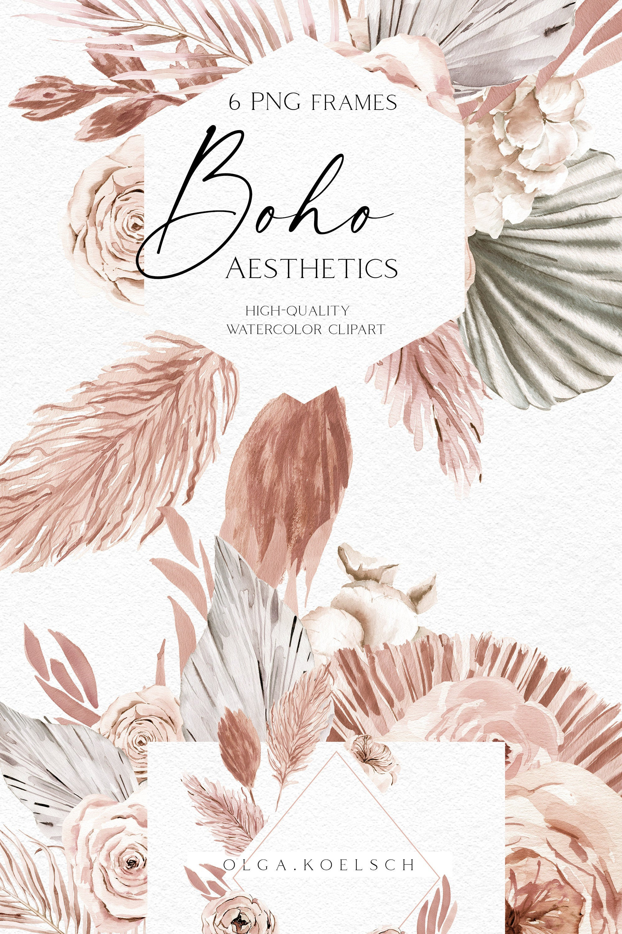 Watercolor Boho Dried Flower Clipart Palm Boho Roses Bouquets - Etsy