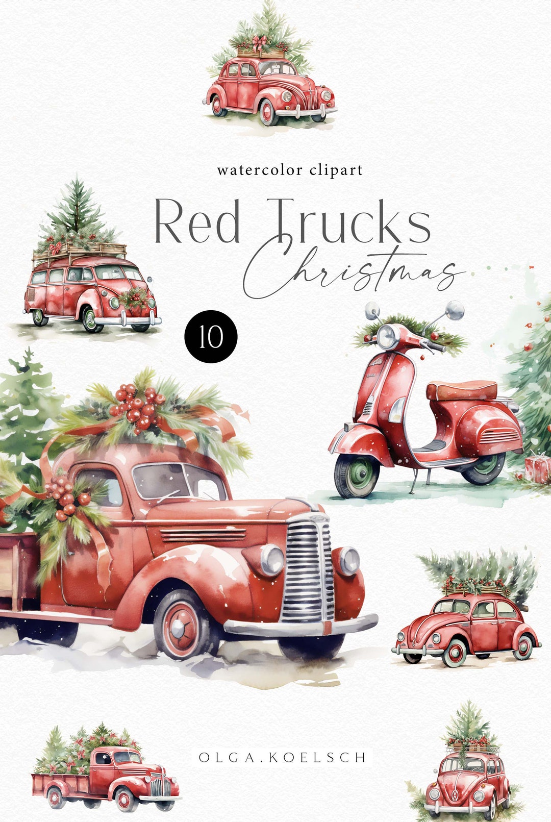 Red Christmas Truck Clipart, Watercolor Retro Christmas Car With ...