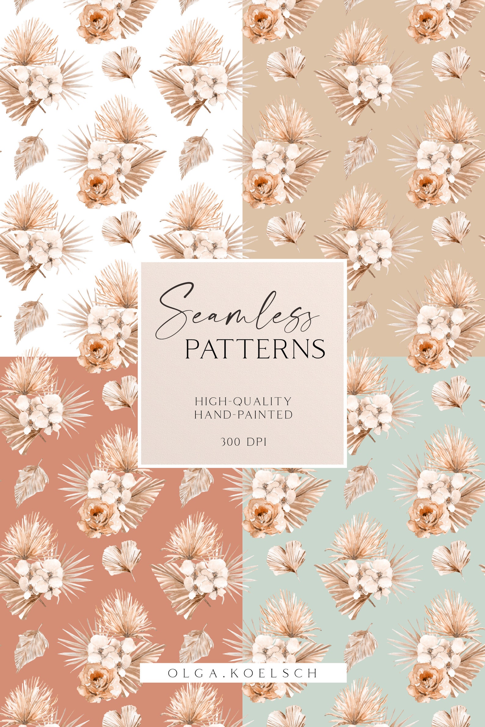 Boho Bouquets Watercolor Digital Paper, Flower Seamless Pattern for ...