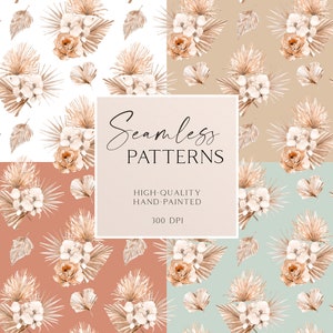 Boho Bouquets Watercolor Digital Paper, Flower Seamless Pattern for ...