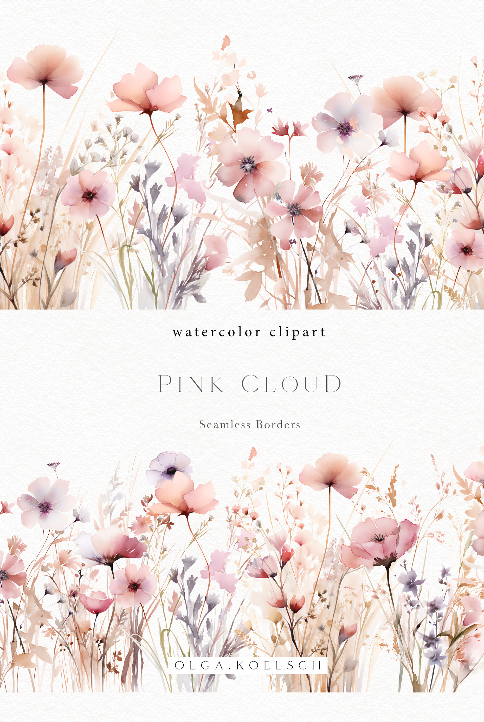 Watercolor Floral Border Clipart, Pastel Pink Wildflowers Bouquets Png ...