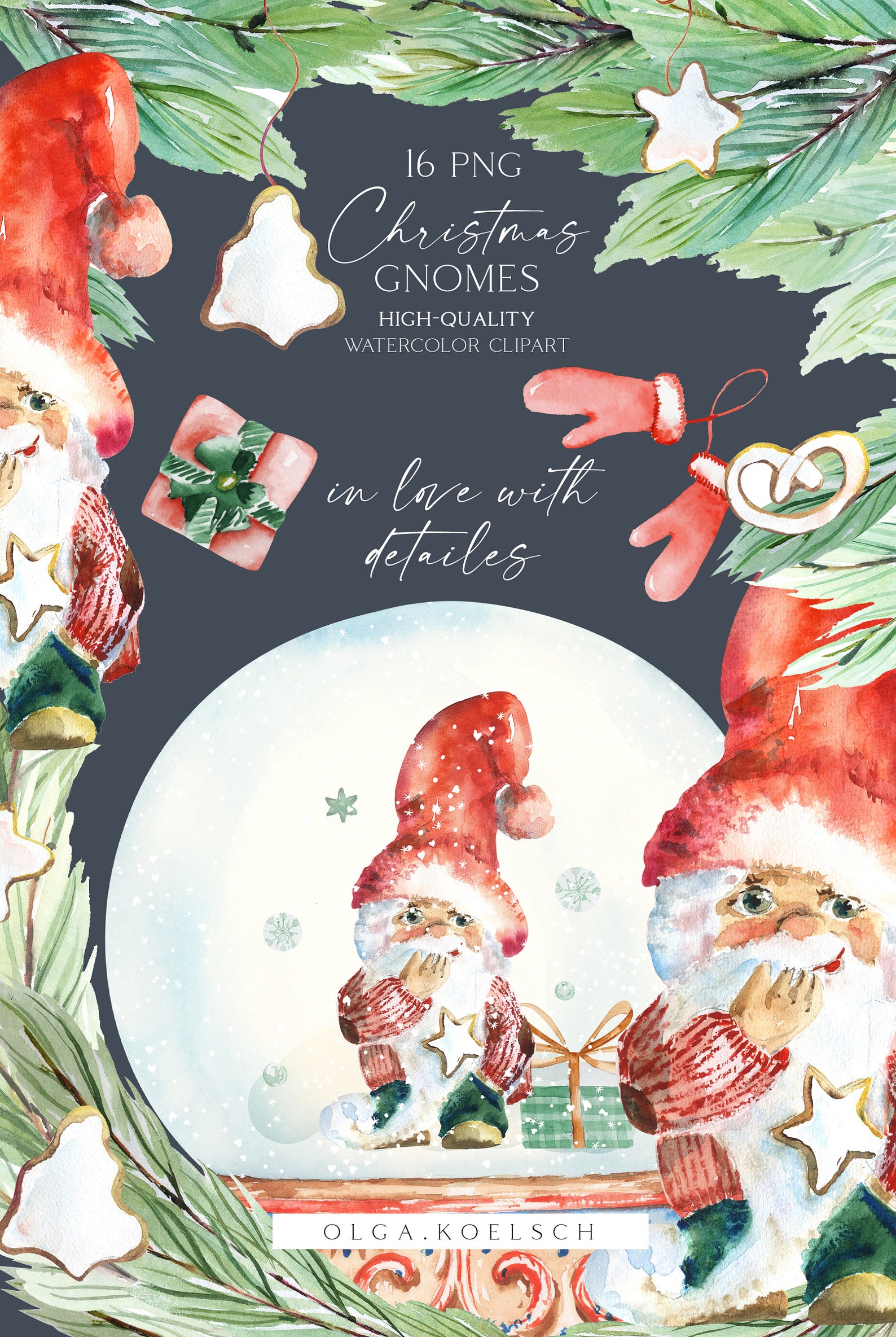 Watercolor Gnome Clipart, Winter Gnomes Holiday Clip Art, Snow Globe ...