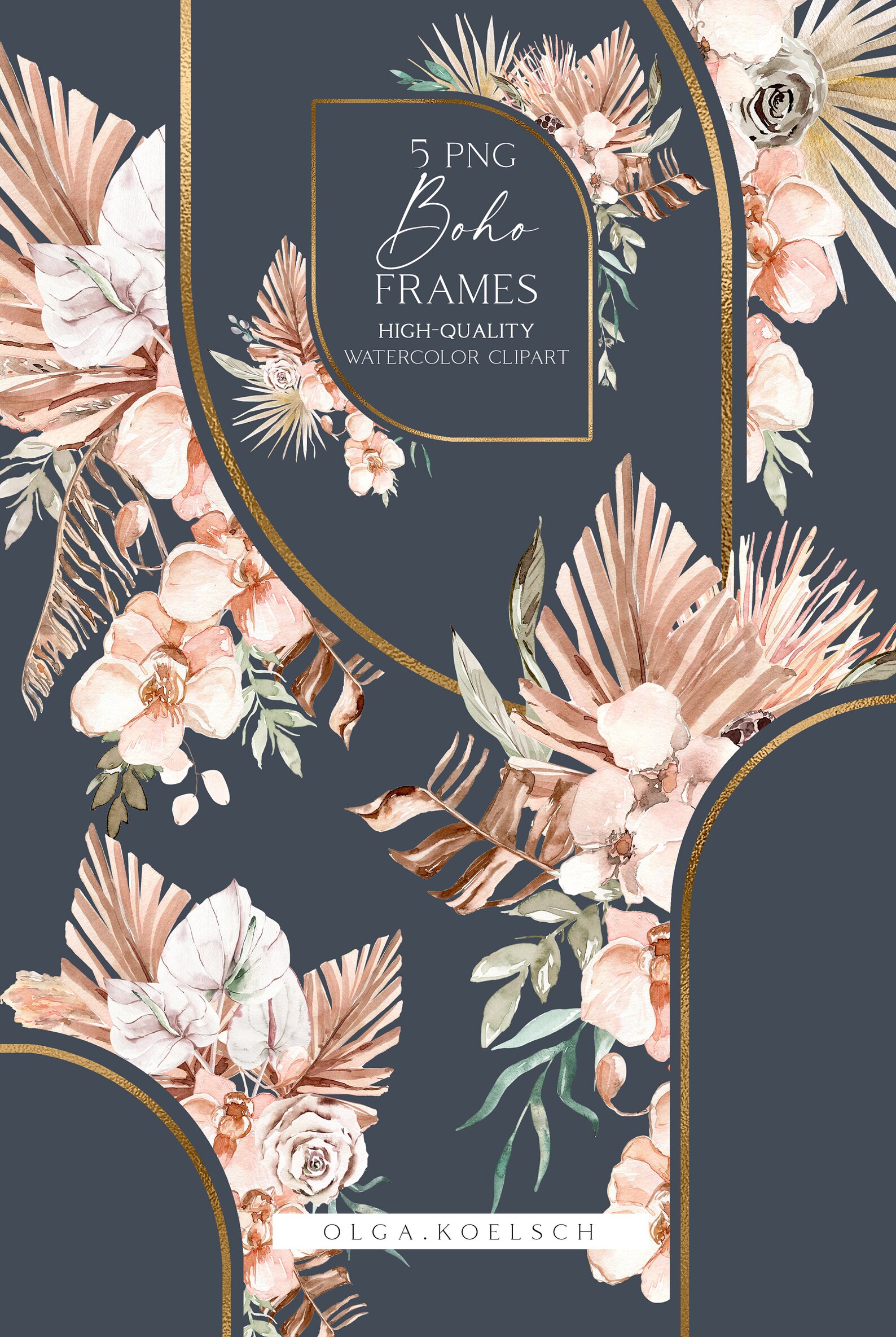 Watercolor Boho Frame Clipart, Palm Boho Floral Borderds Png, Dried ...
