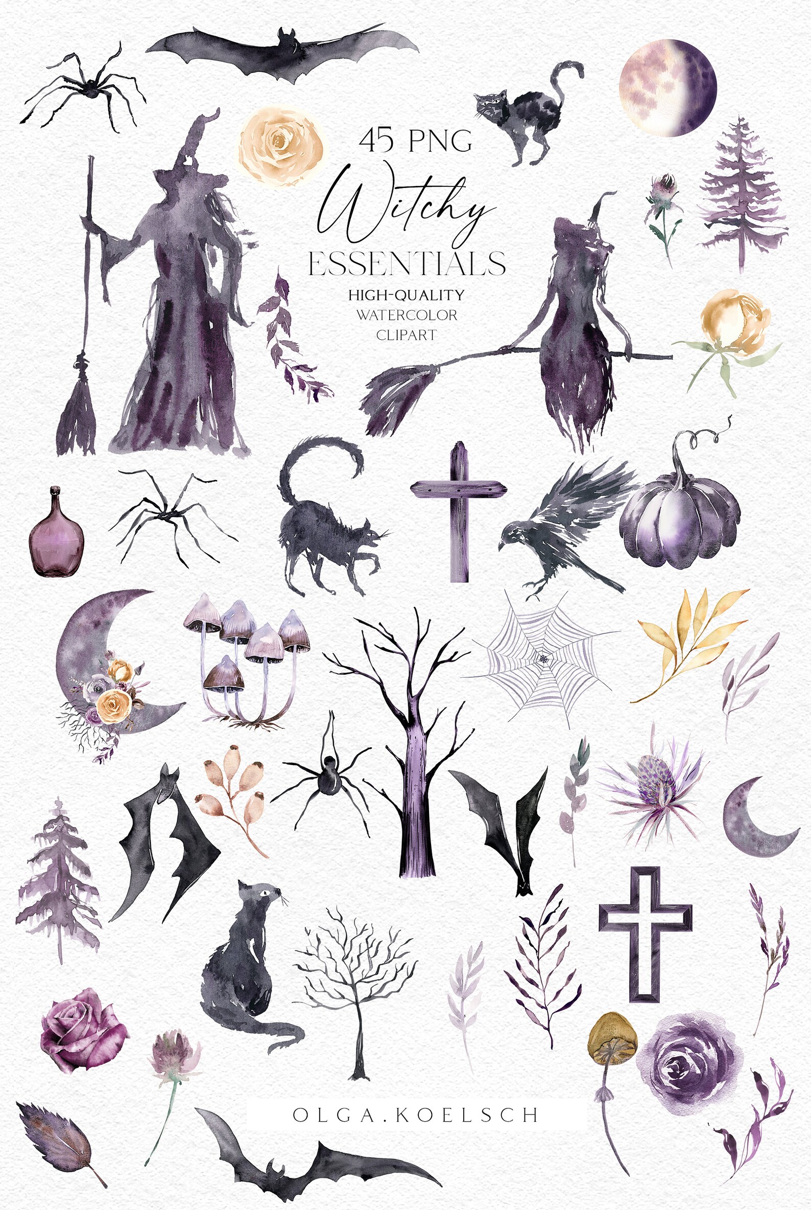 Halloween Witch Clipart Black Cat Png Printable Bundle - Etsy