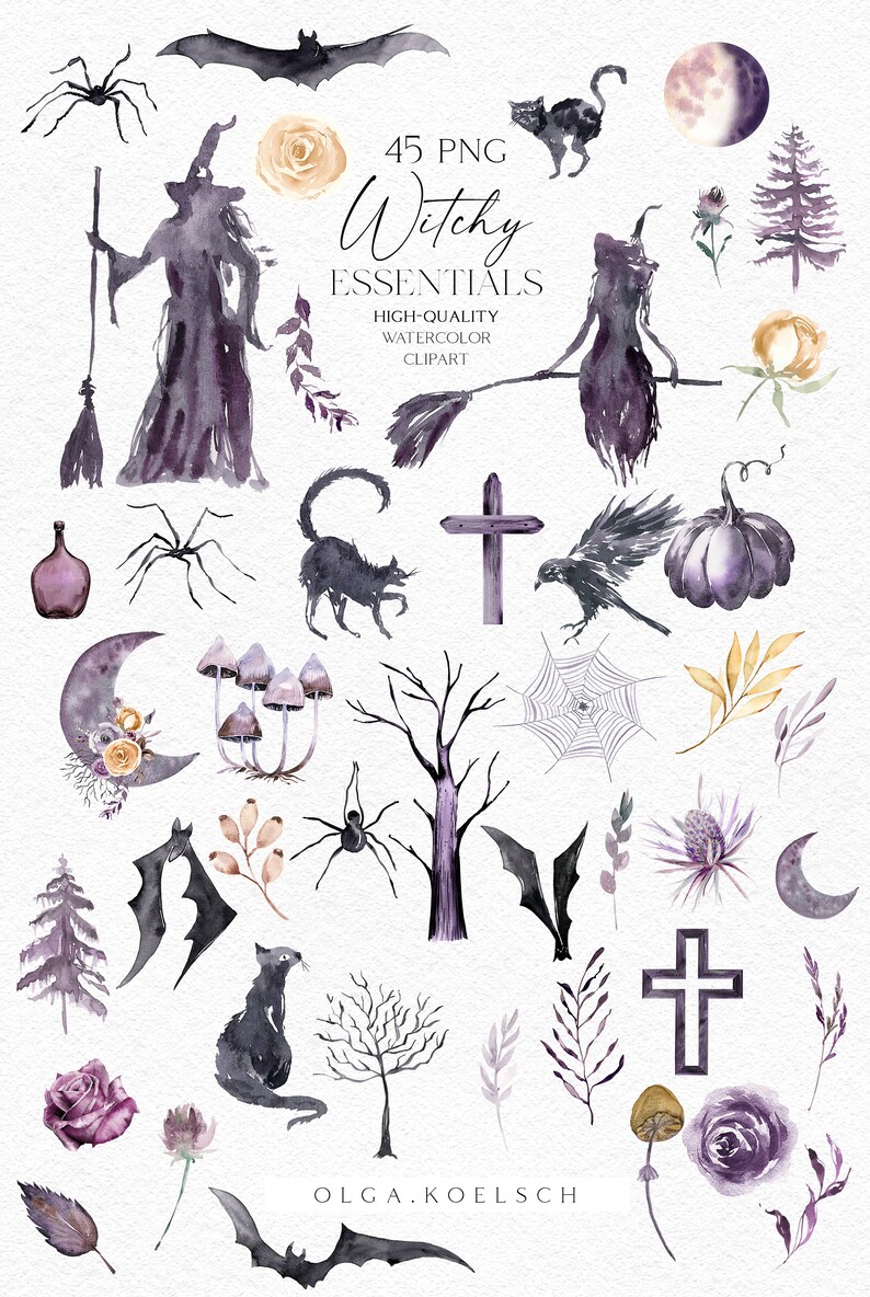 Halloween Witch Clipart, Black Cat Png, Printable Bundle Halloween ...