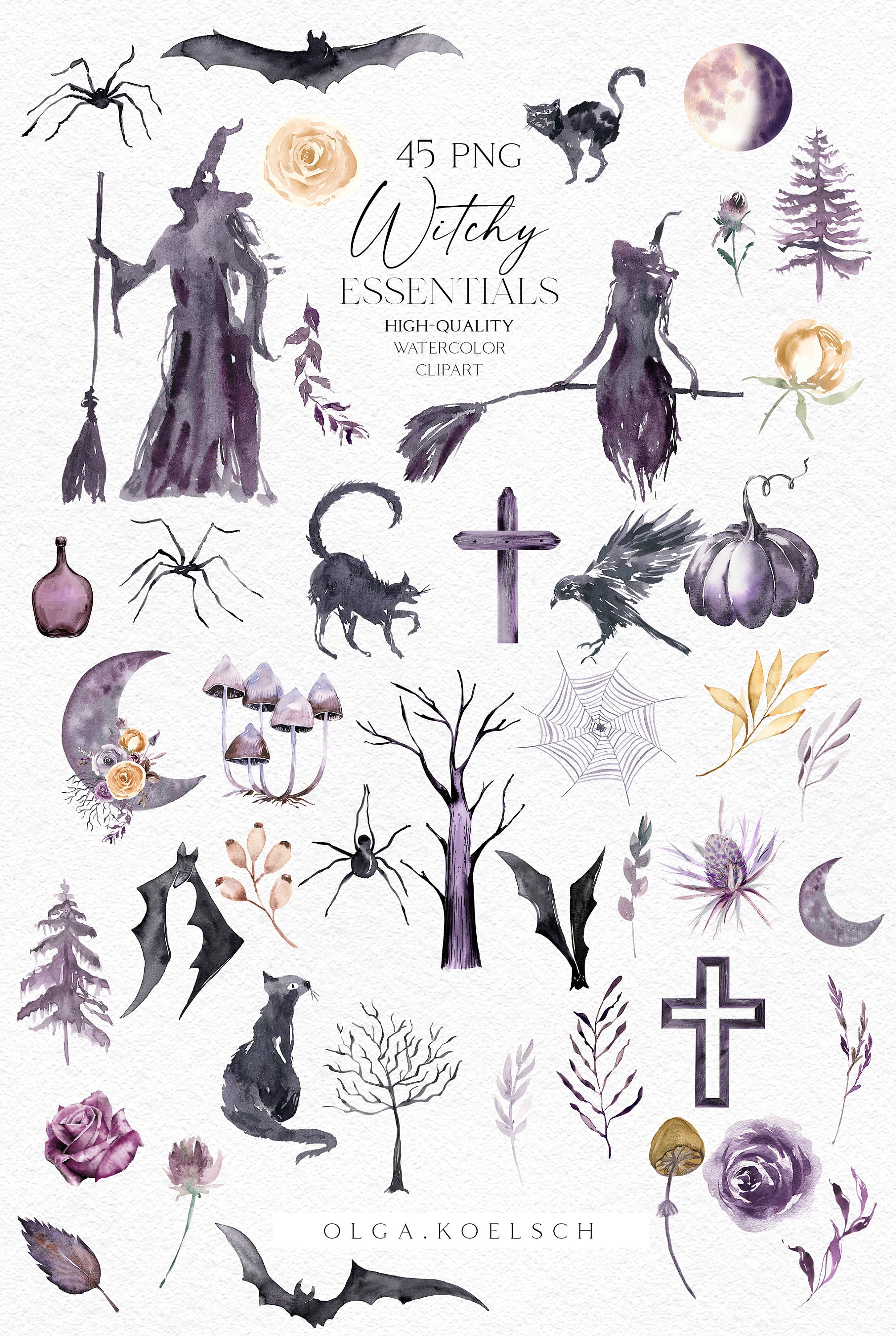 Halloween Witch Clipart, Black Cat Png, Printable Bundle Halloween ...