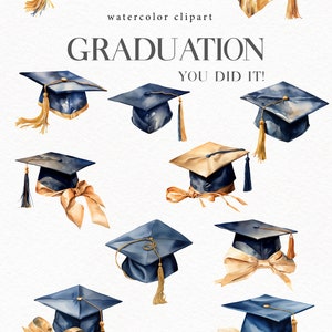 Graduation Clipart, Watercolor Graduation Clip Art. Grad Cap, Diploma ...