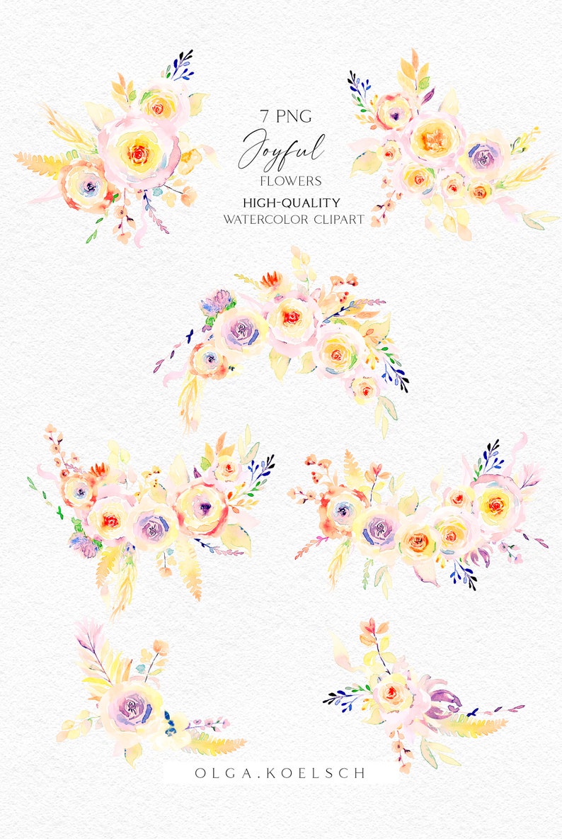 Watercolor Yellow Flowers Clip Art Boho Bouquets Clipart | Etsy