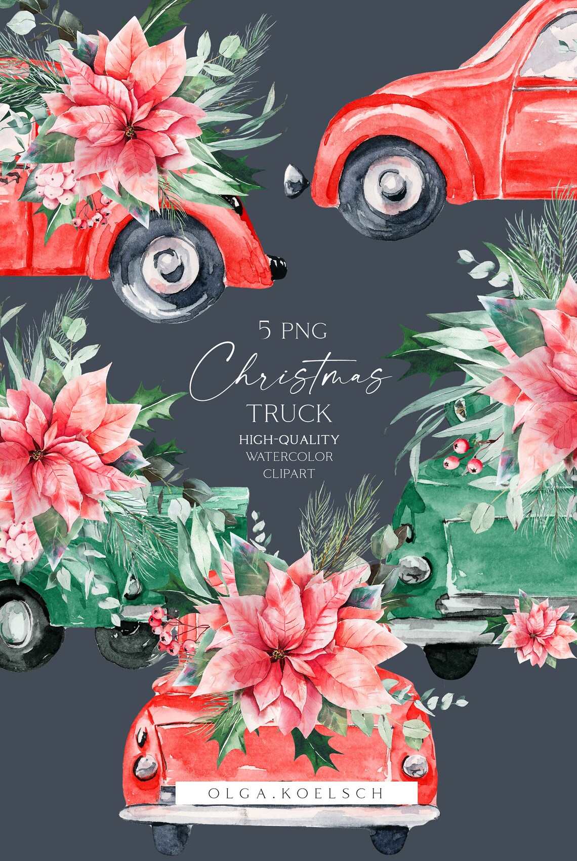 Red Christmas Truck Clipart Watercolor Green Christmas Truck - Etsy