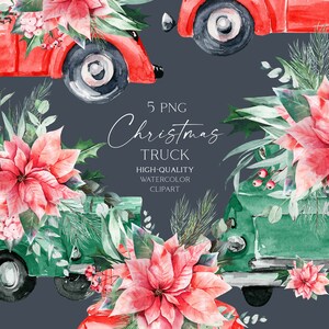 Red Christmas Truck Clipart, Watercolor Green Christmas Truck Png ...