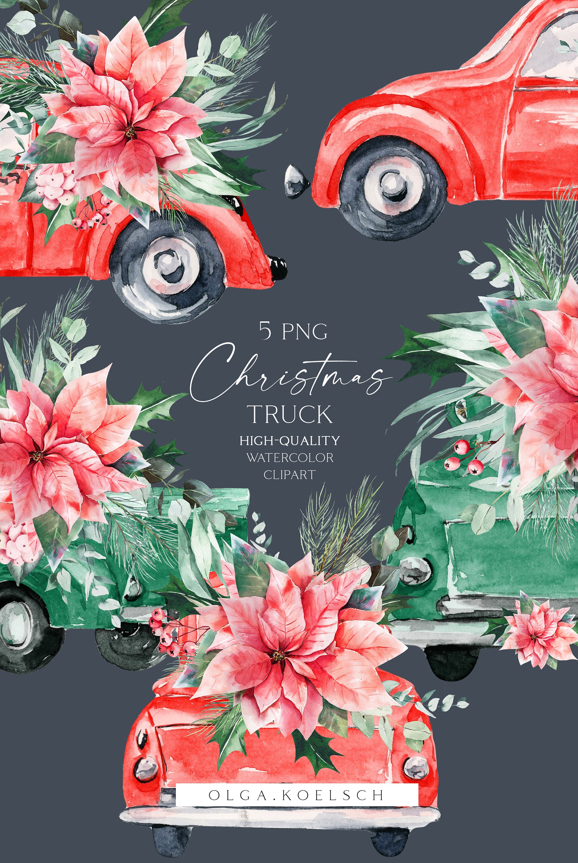 Red Christmas Truck Clipart, Watercolor Green Christmas Truck Png ...
