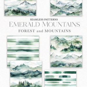 Watercolor Mountain Landscape Seamless Pattern for Fabric, Green Forest ...