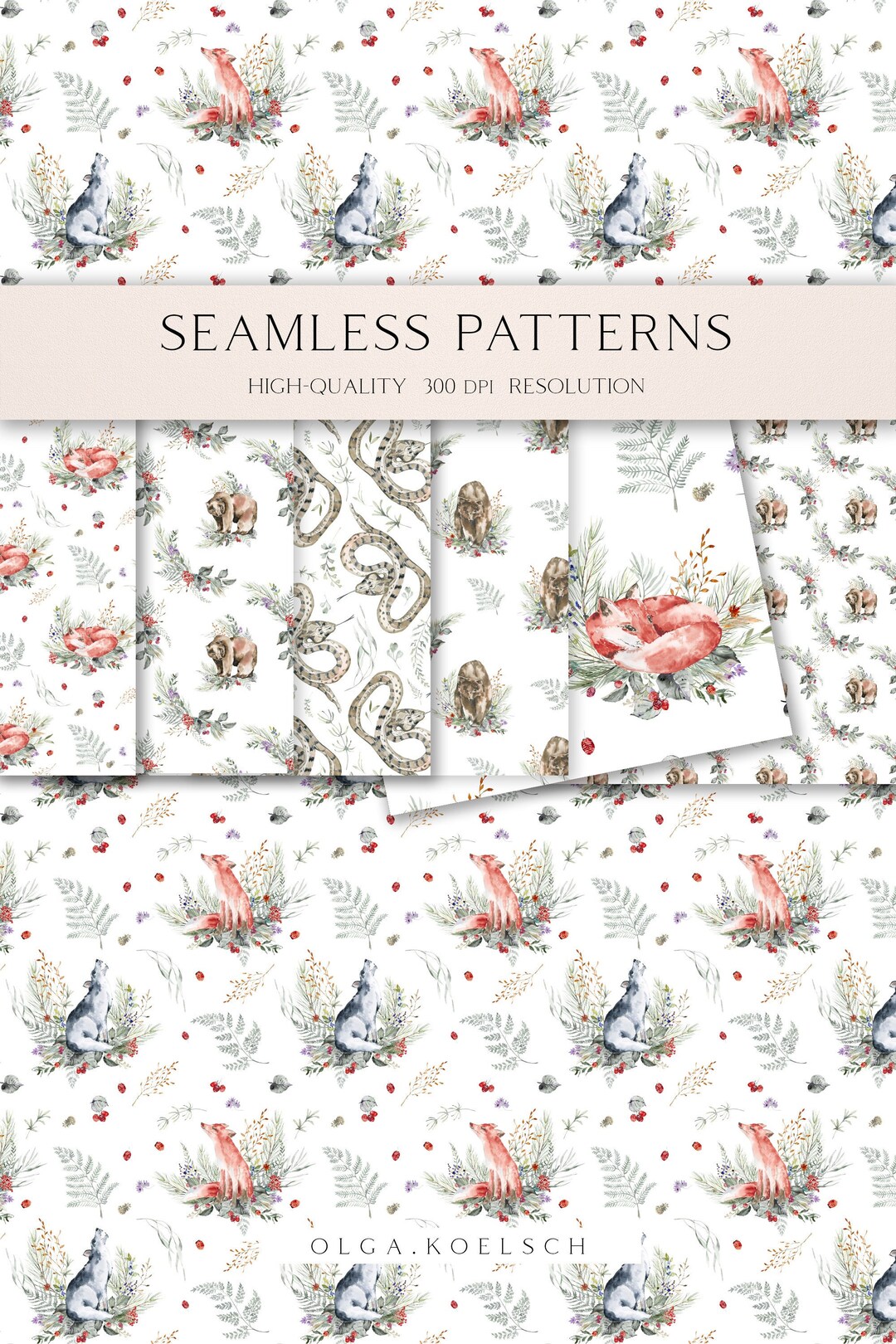 Woodland Animals Seamless Pattern for Fabric, Watercolor Forest Digital ...