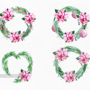 Christmas Wreath Clipart, Watercolor Pink Flower Poinsettia Digital ...