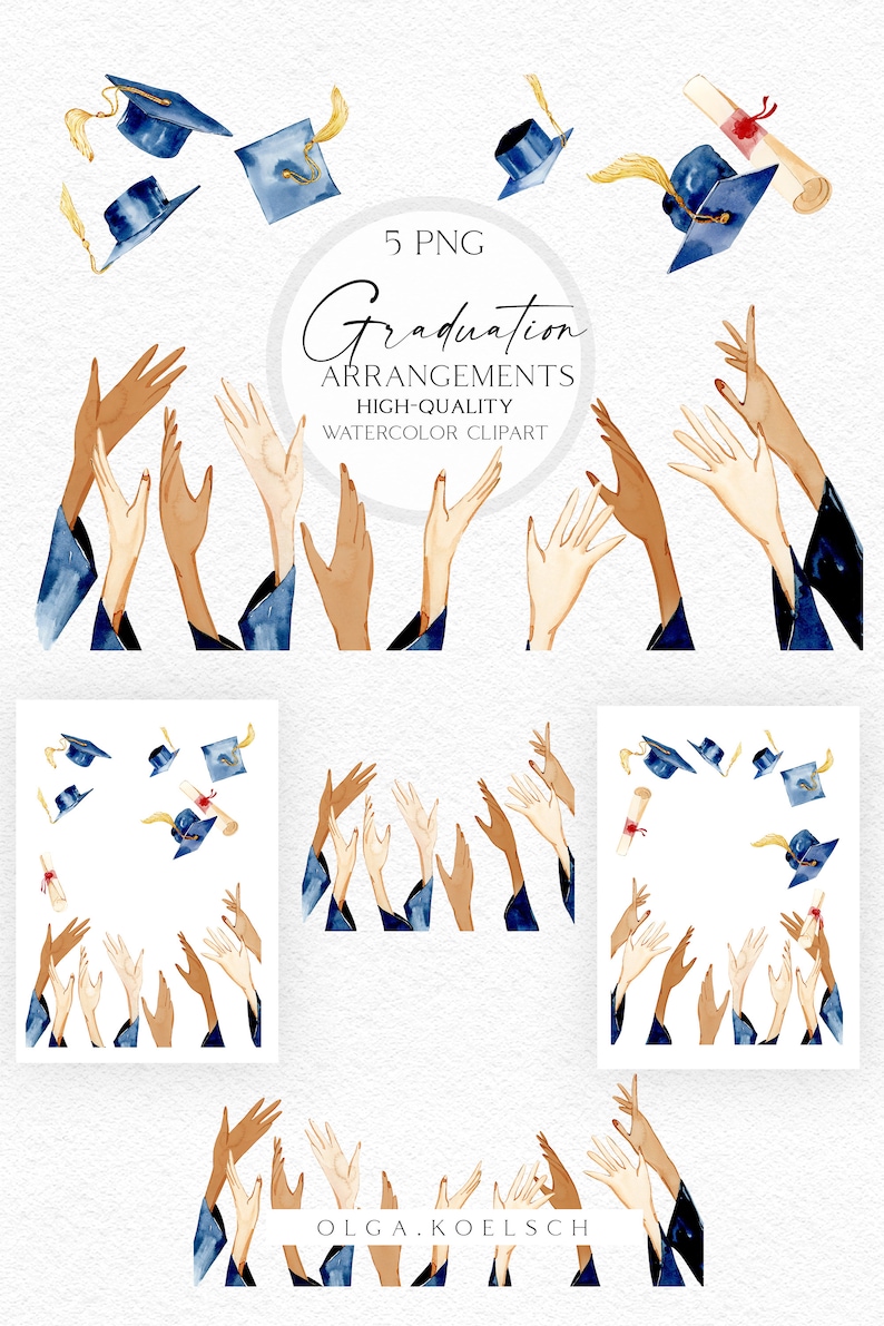 Graduation Clipart, Watercolor Graduation Clip Art. Grad Cap, Diploma ...