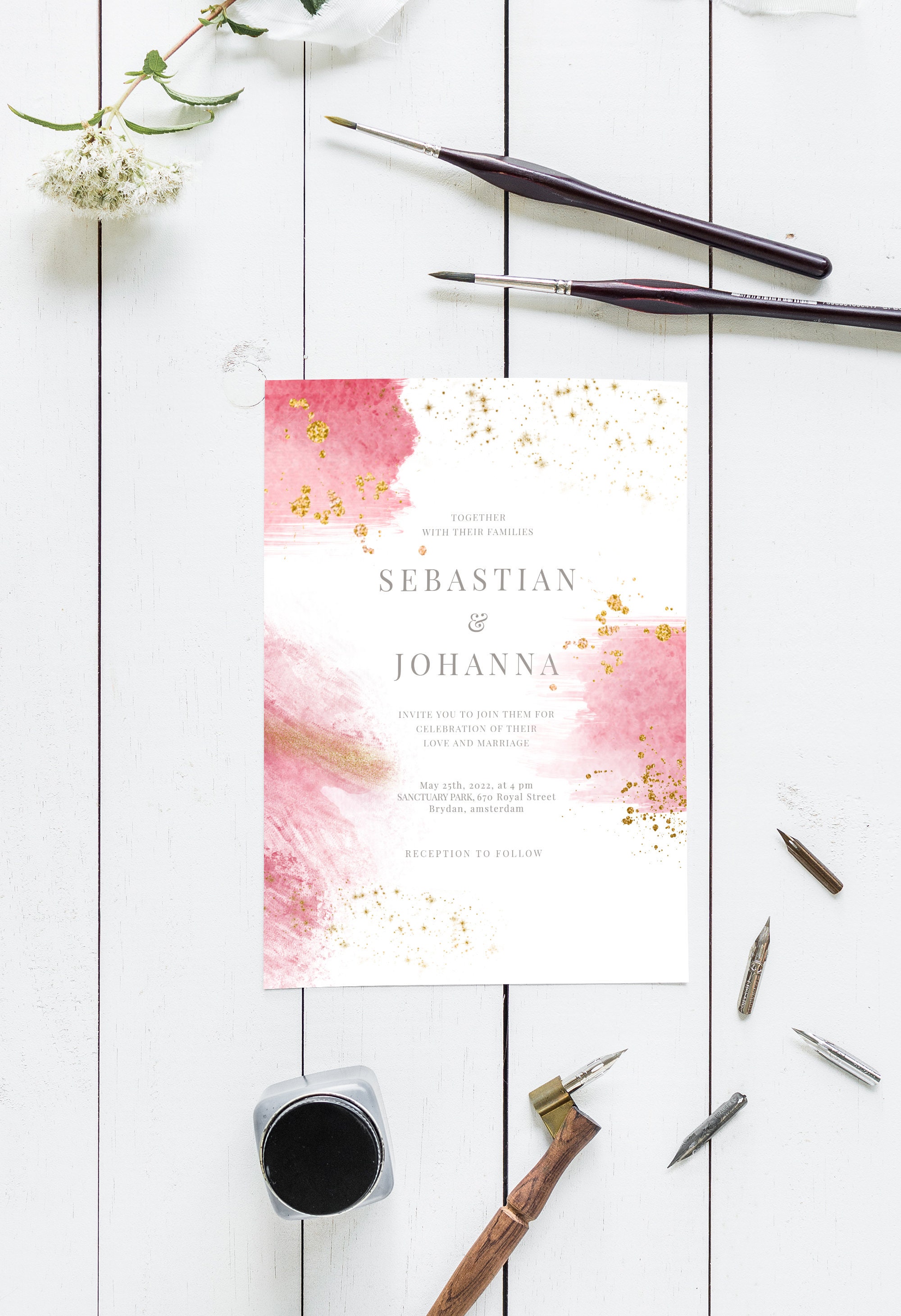 Valentine Pink Watercolor Brush Strokes Png Gold Abstract | Etsy