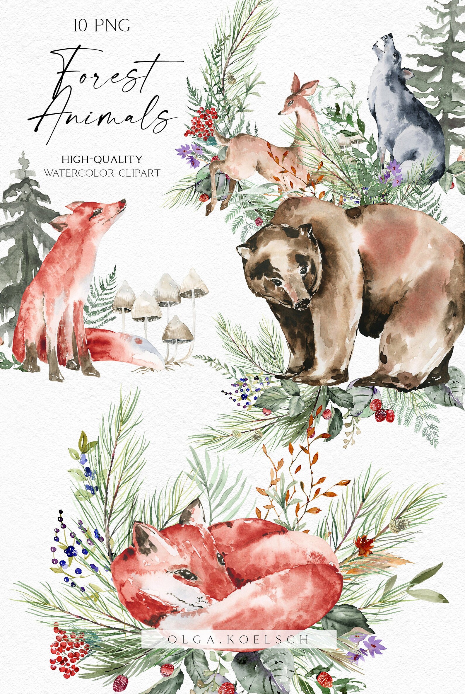Watercolor Forest Animals Clipart Cute Animals Clipart - Etsy