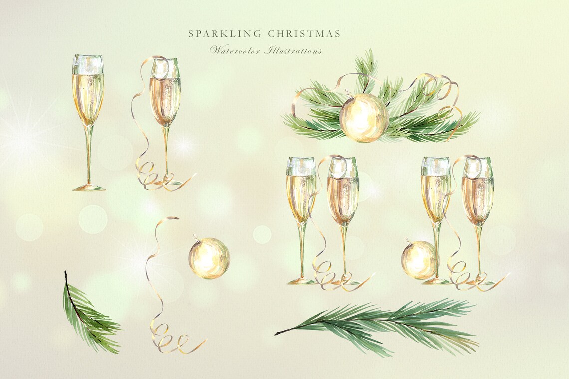 Watercolor Champagne Clipart Sparkling Glass Clipart for New | Etsy