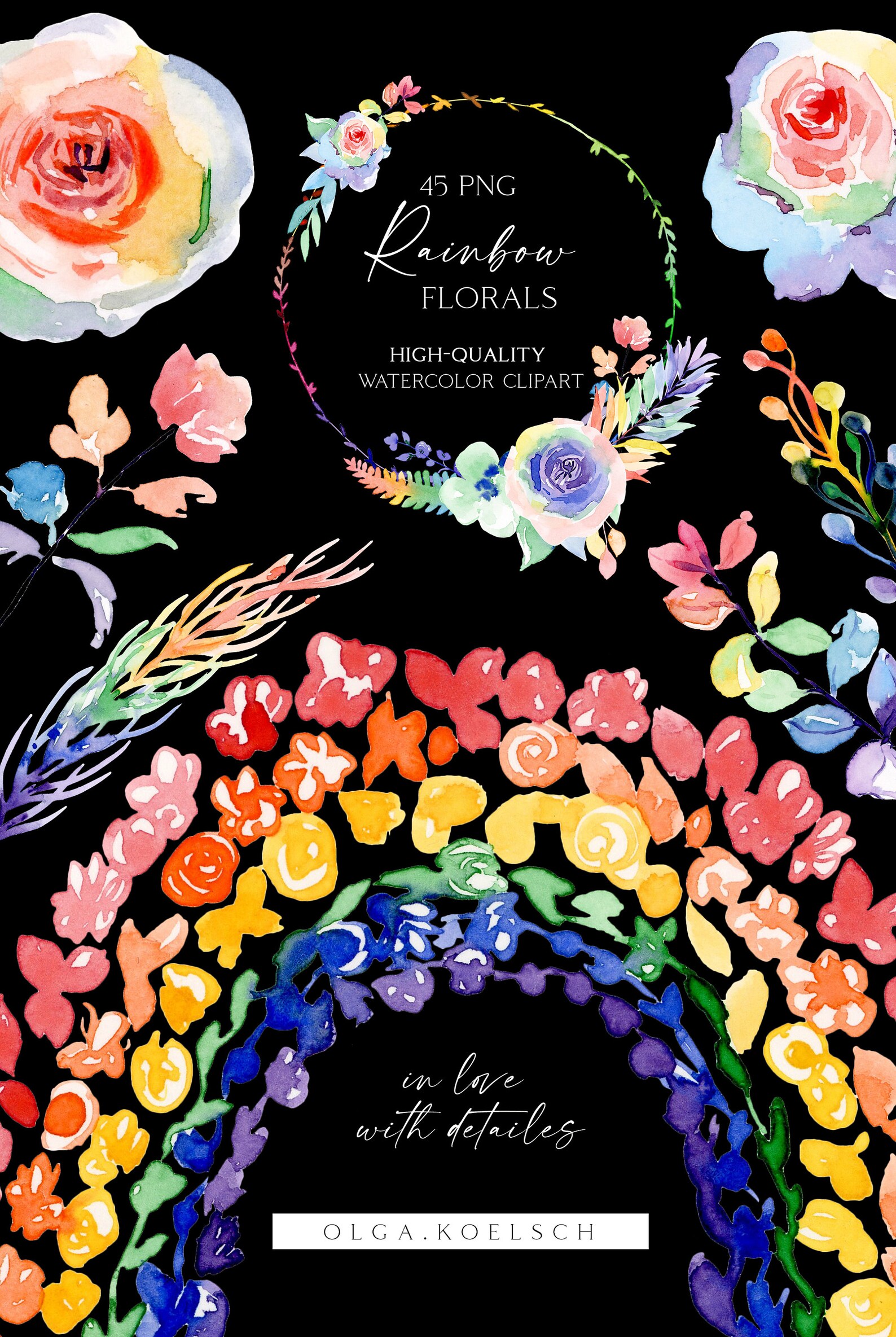 Boho Rainbow Roses Clipart Bright Floral Elements Rainbow | Etsy