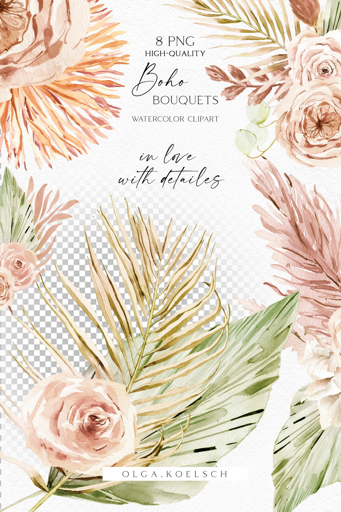 Watercolor Boho Dried Flower Clipart, Palm Boho Roses Bouquets Png ...