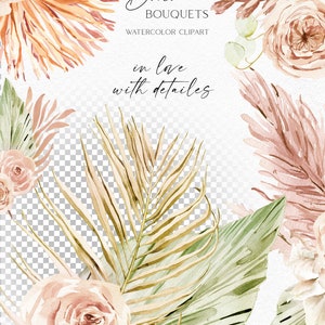 Watercolor Boho Dried Flower Clipart, Palm Boho Roses Bouquets Png ...