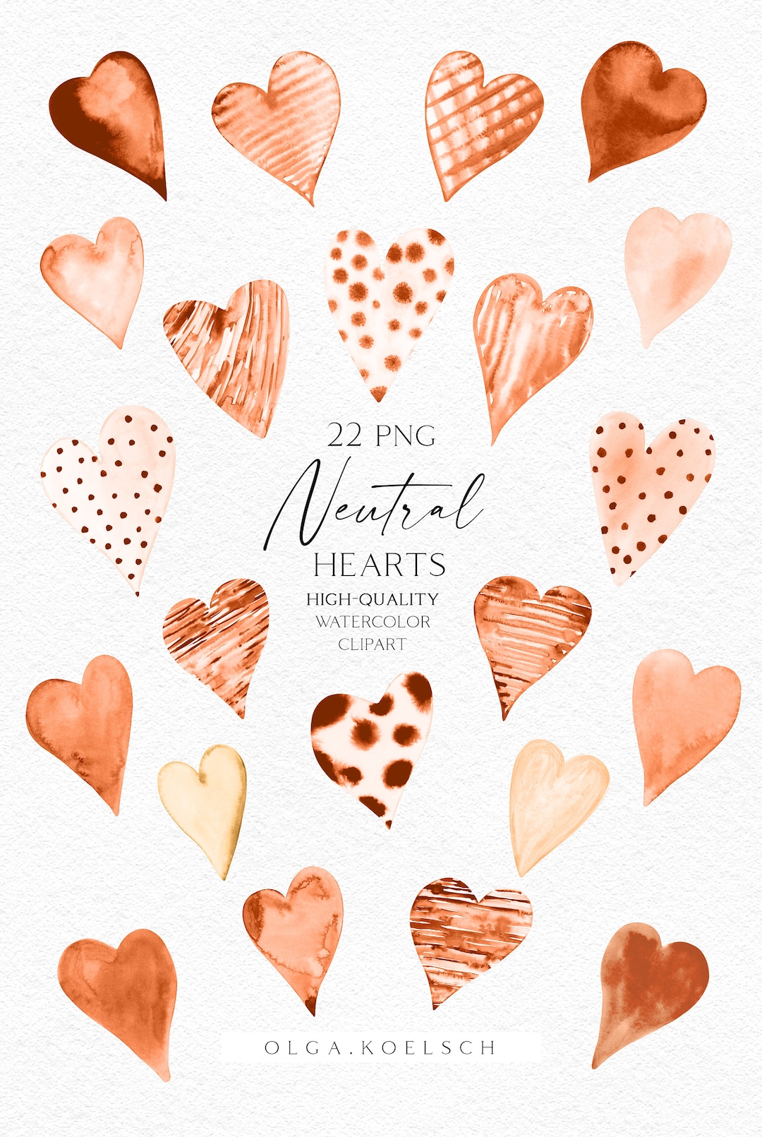 Watercolor Neutral Hearts Clipart, Valentine Day Heart Clipart ...