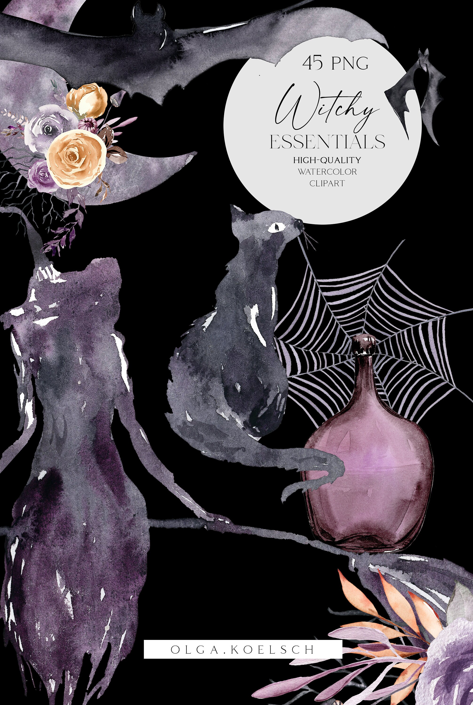 Halloween Witch Clipart Black Cat Png Printable Bundle - Etsy