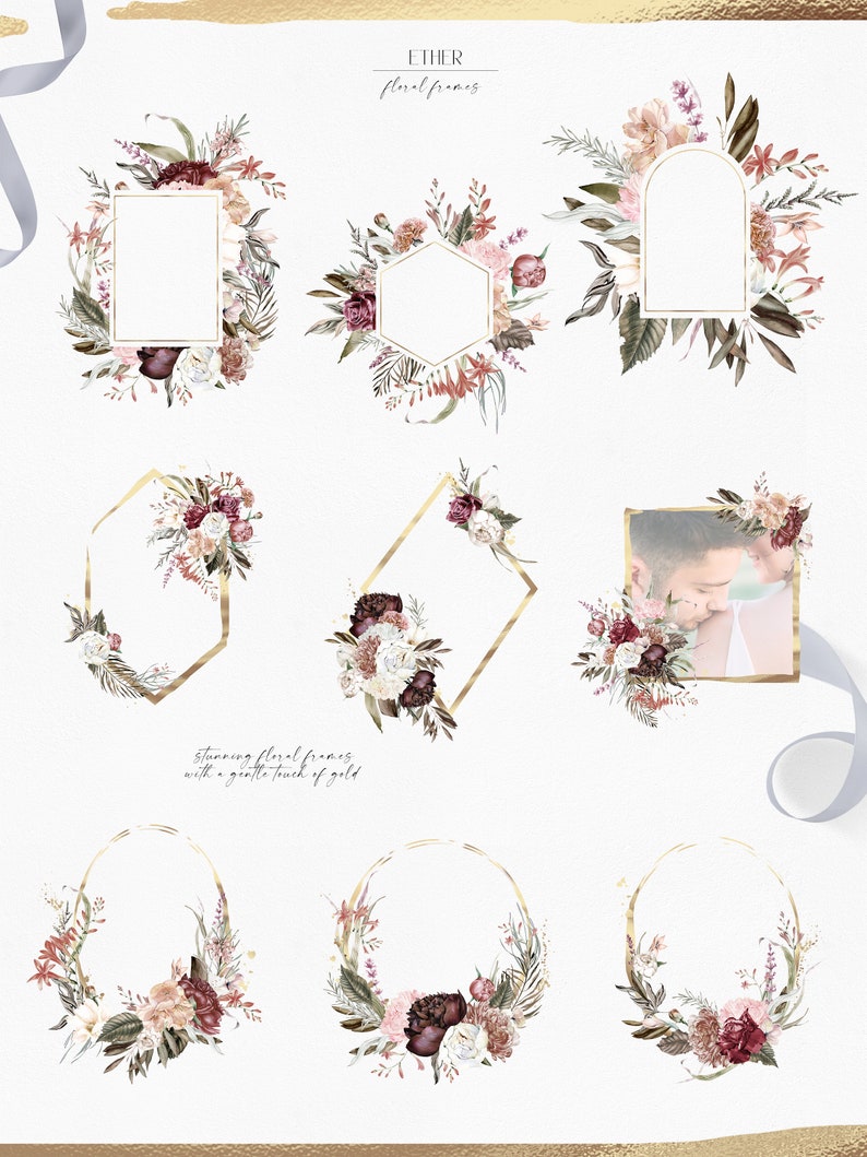 Watercolor Boho Flower Clipart, Burgundy Watercolor Bouquet Png, Boho ...