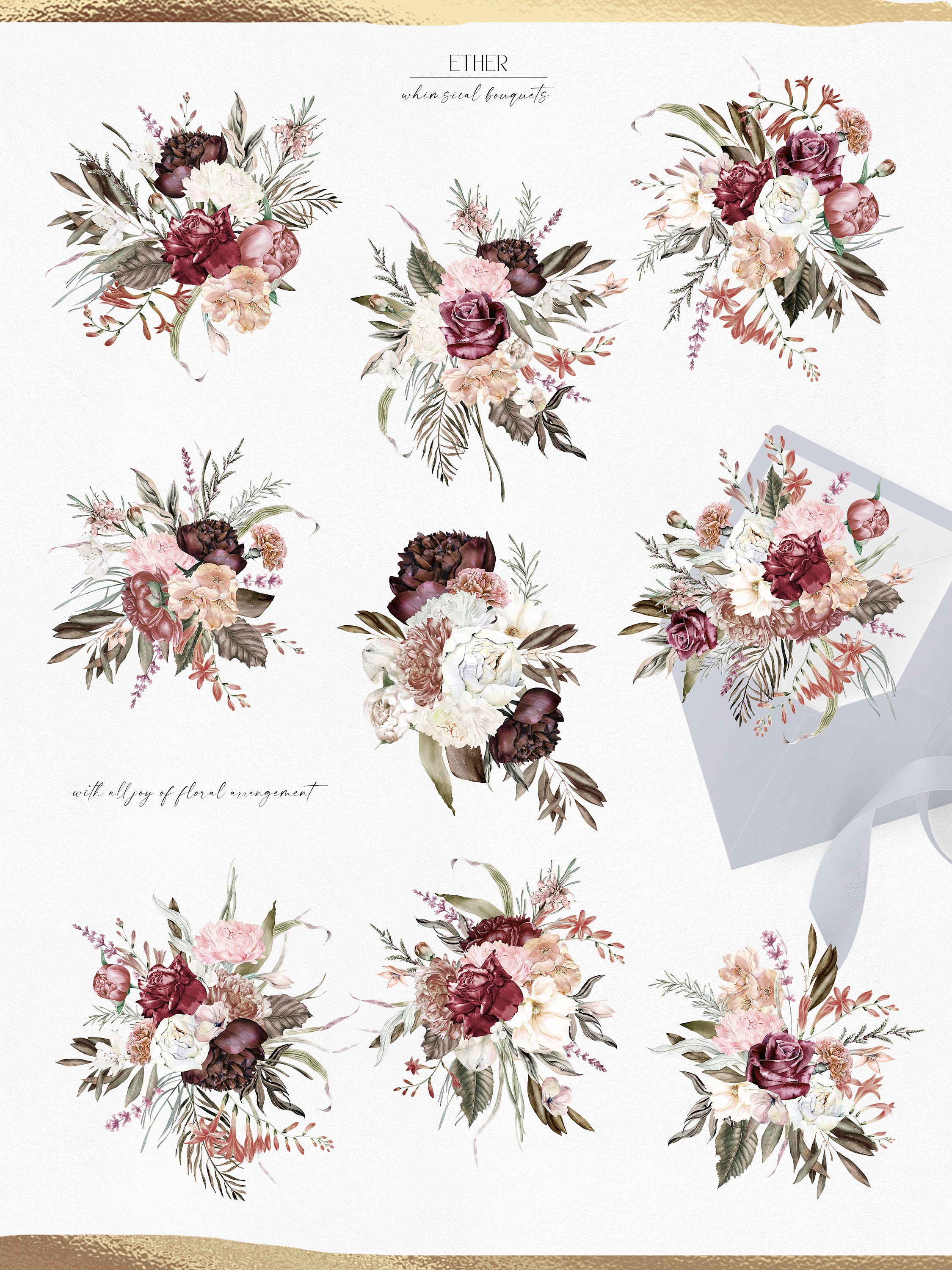 Boho Burgundy Roses Clipart Watercolor Pink and Burgundy - Etsy