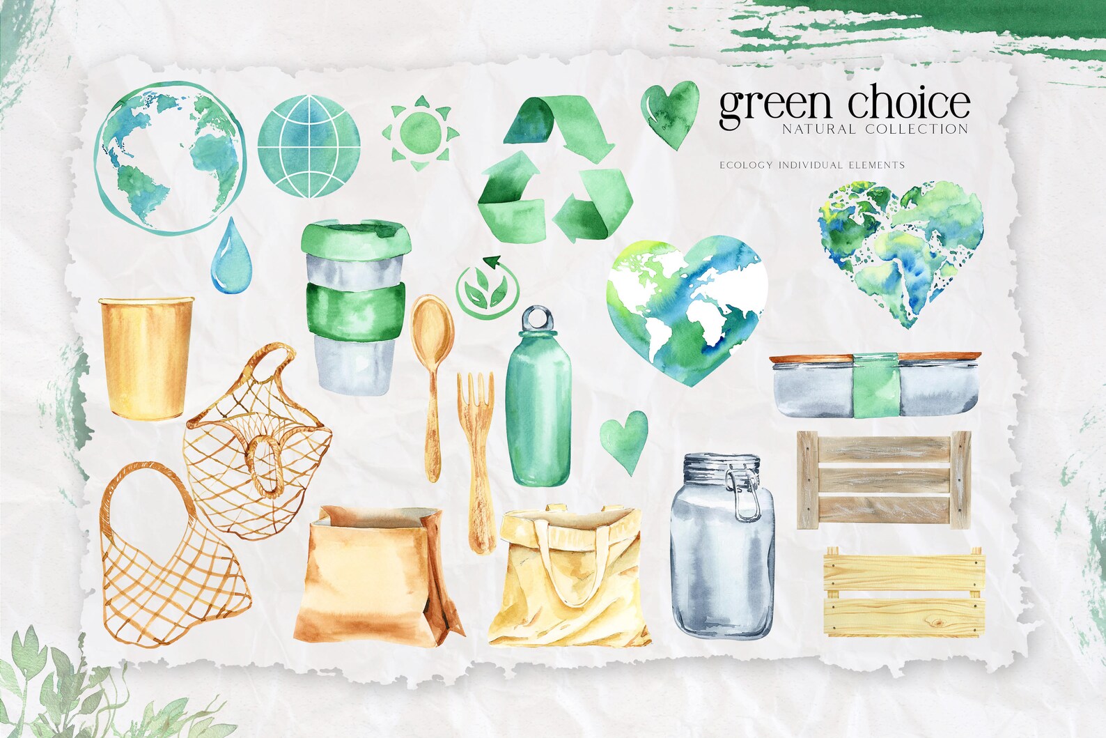 Watercolor Earth Day Clipart, Ecological Icons, Greenery Clipart, Eco ...