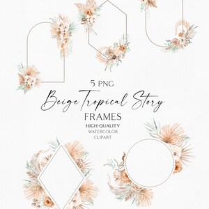 Watercolor Boho Floral Clipart, Tropical Leaves and Roses Bouquets Png ...